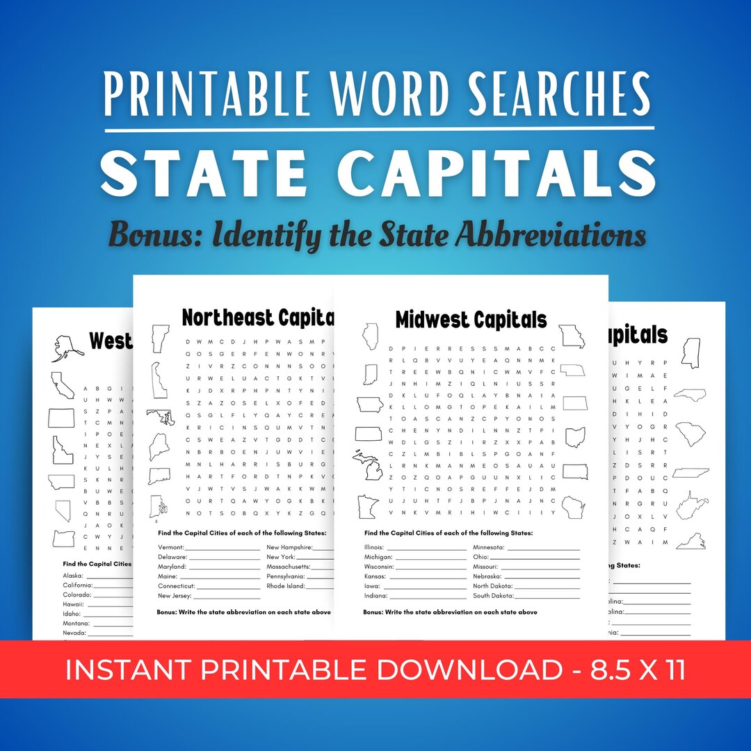 State Capitals Word Searches, Printable Puzzles, 50 States Bundle ...