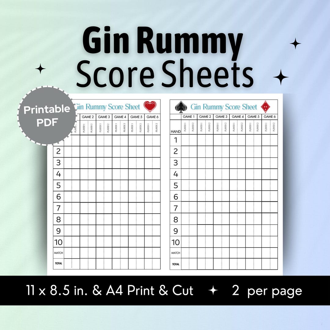 Gin Rummy Score Sheet, Printable Score Sheet, Gin Rummy Instant ...