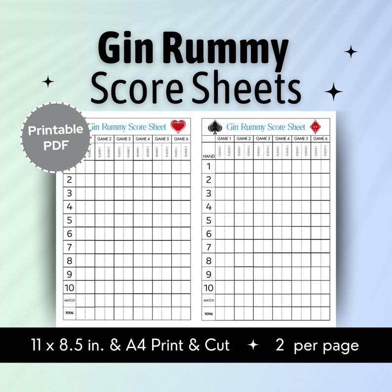 Gin Rummy Score Sheet, Printable Score Sheet, Gin Rummy Instant ...