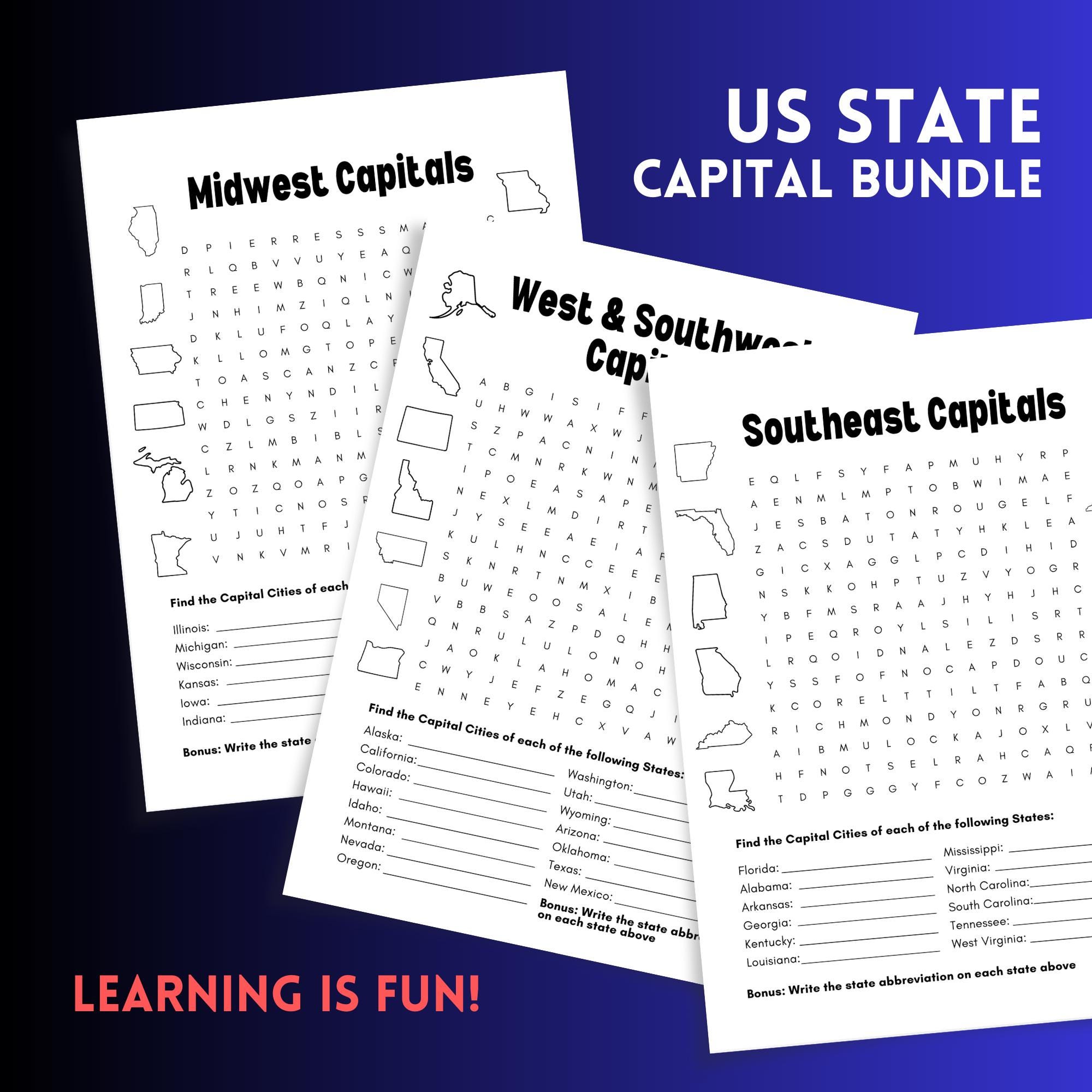 State Capitals Word Searches, Printable Puzzles, 50 States Bundle ...