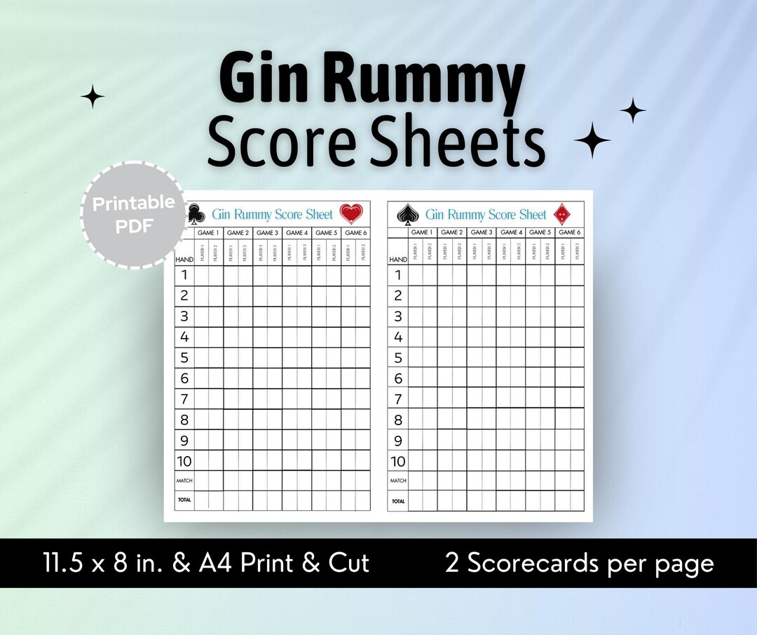 Gin Rummy Score Sheet, Printable Score Sheet, Gin Rummy Instant ...