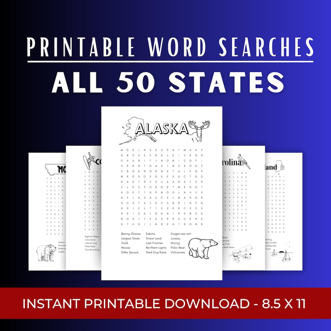 50 States Word Search Puzzles, Printable Puzzles, Word Searches, 50 ...