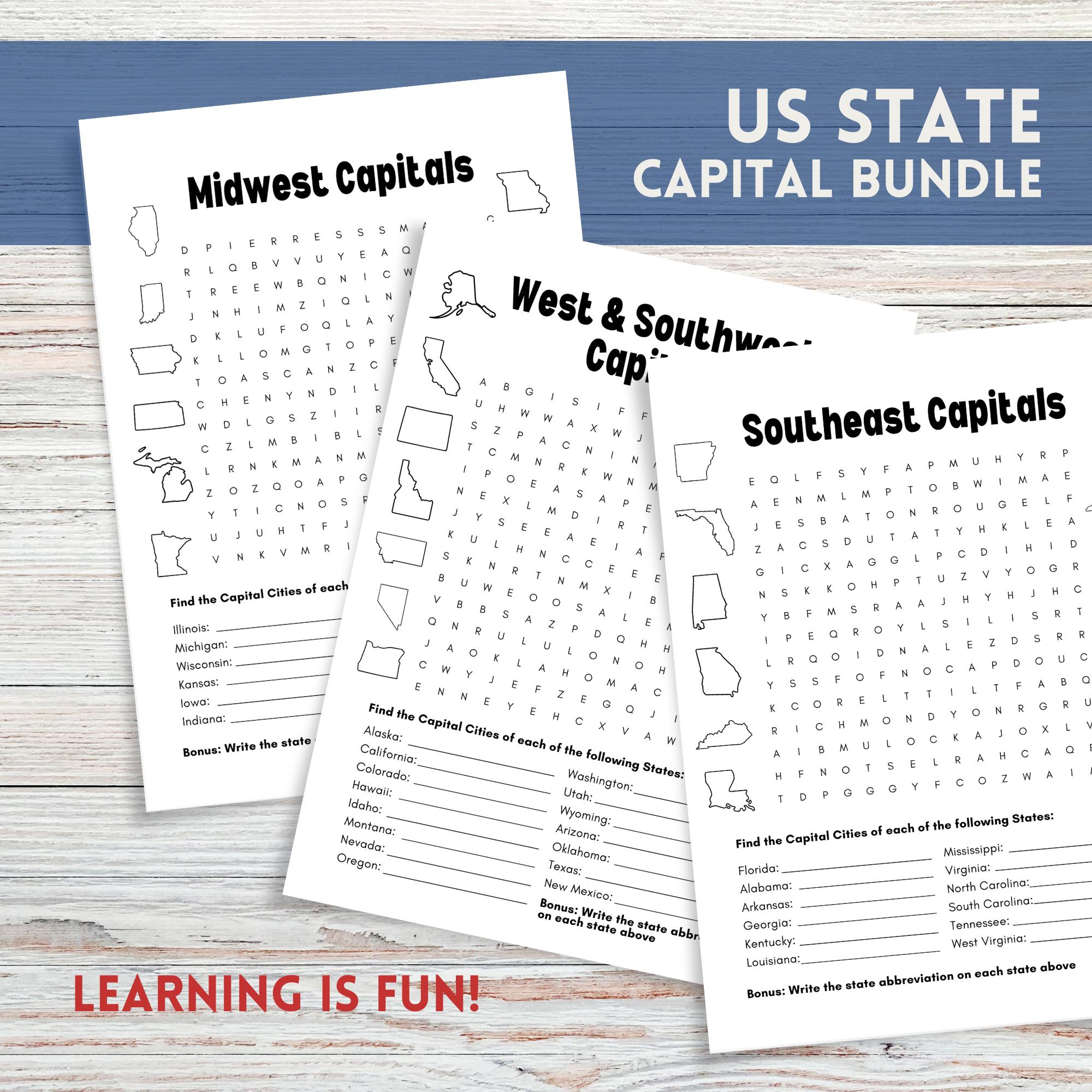 State Capitals Word Searches, Printable Puzzles, 50 States Bundle, US ...