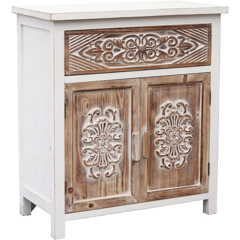 Hand Carved Wood Storage Cabinet Farmhouse Rustic Wood Cabinet White ...