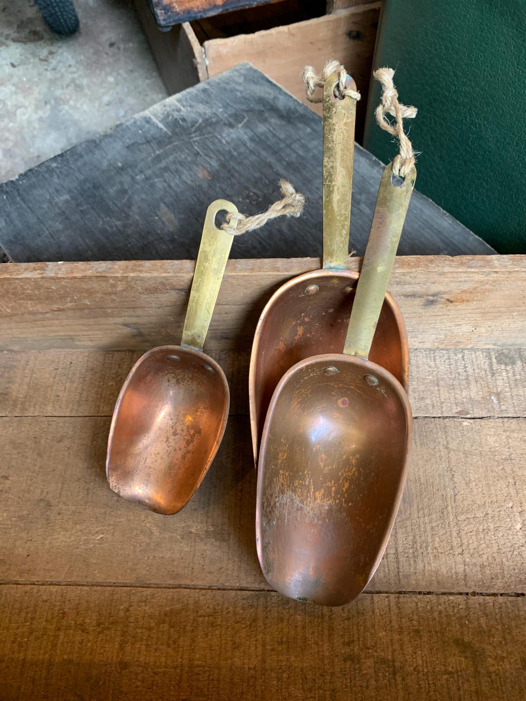 Vintage Copper Scoops Set of 3 – Brass Handles, Rustic Kitchen Décor - Etsy