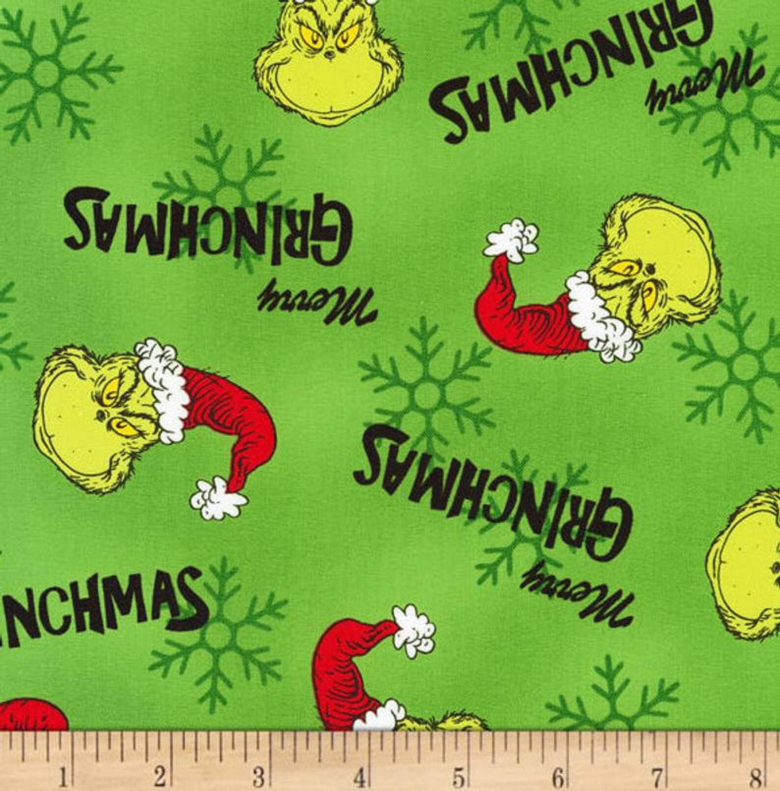 Green Grinch Faces Cotton Fabric by the Half Yard. 100% Cotton Quilting ...