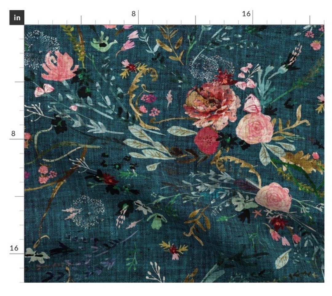 Fabric Remnant 10" L X 31" W - "fable Floral Teal Jumbo" - 100% Organic ...