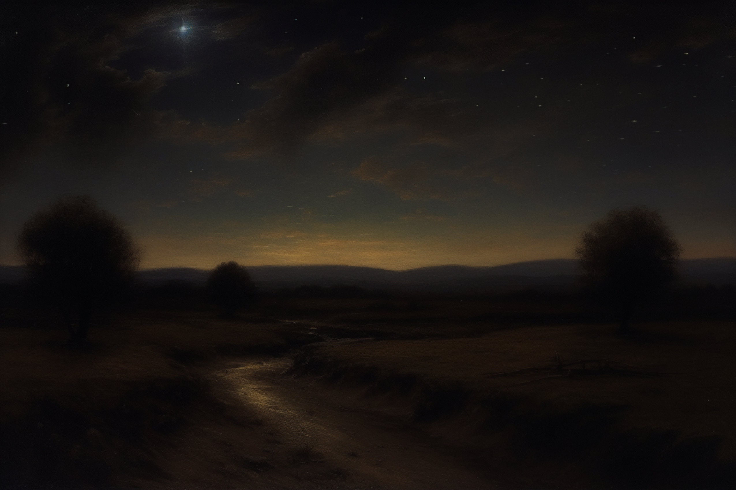 Dawn's Embrace, Landscape Painting, Darkness Just Before Dawn, Dark and ...