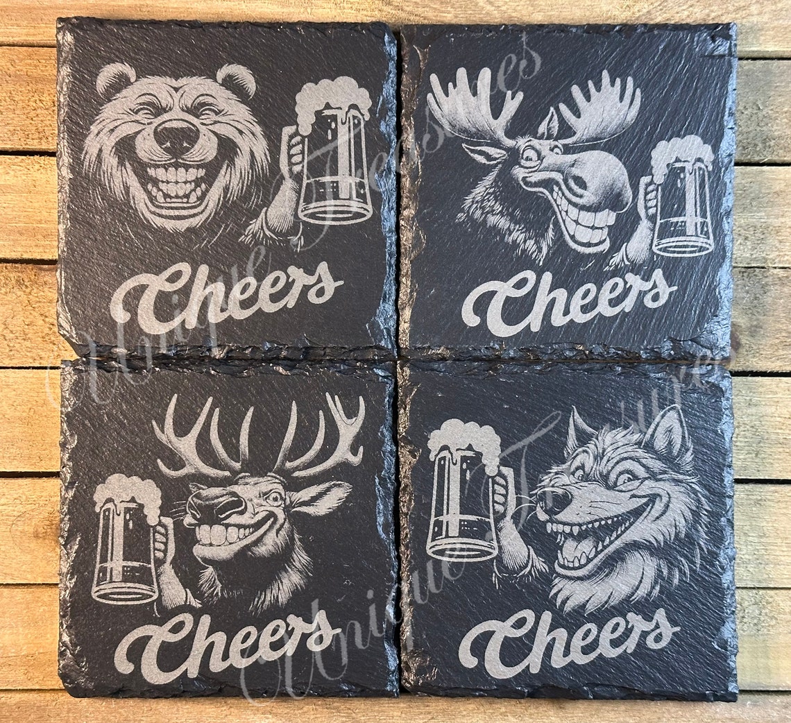 Laser Engraved Slate Coasters, Bear, Moose, Elk, Wolf, Cheers, Mug of ...