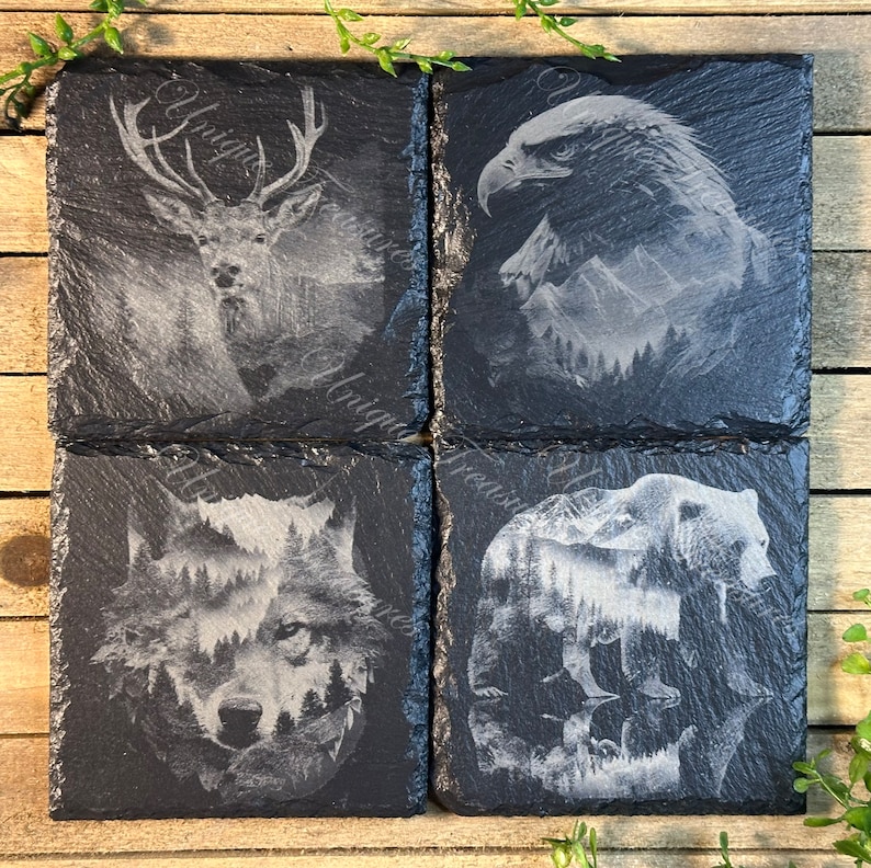 Laser Engraved Slate Coasters: Wilderness Forest Animals, Set of 4 ...