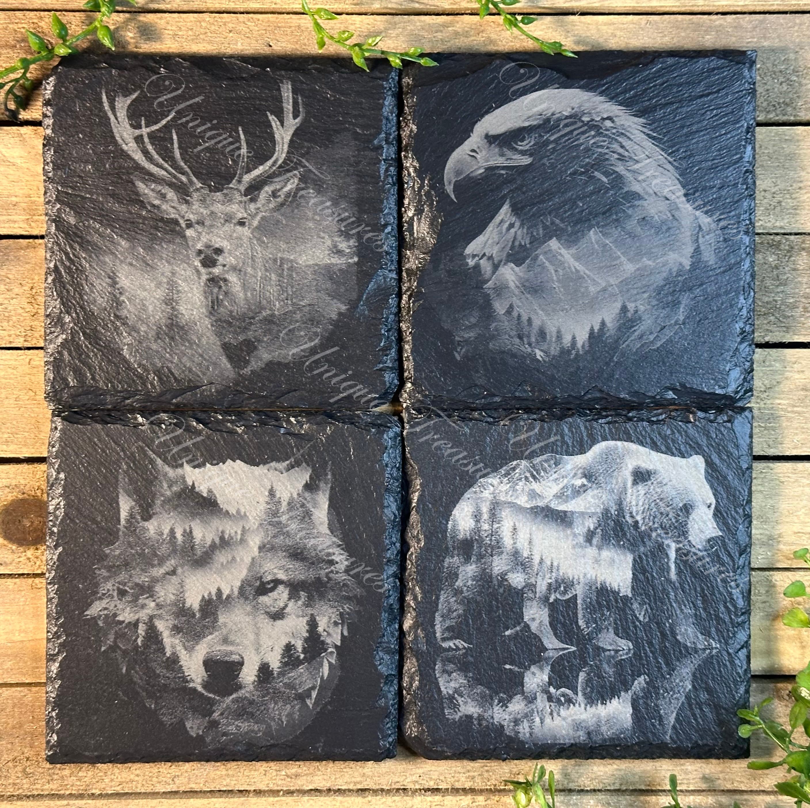 Laser Engraved Slate Coasters: Wilderness Forest Animals, Set of 4 ...