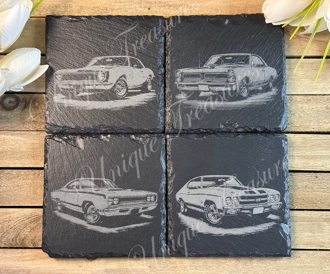 Laser Engraved Slate Coasters: Classic Vintage Muscle Car Art, Set of 4 ...