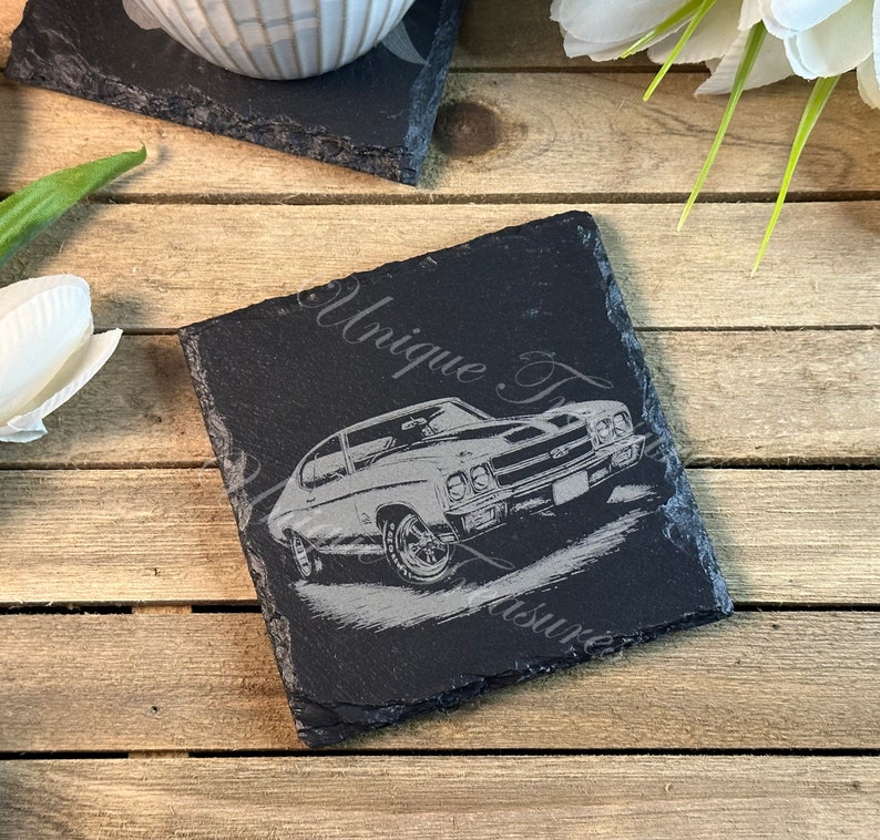 Laser Engraved Slate Coasters: Classic Vintage Muscle Car Art, Set of 4 ...
