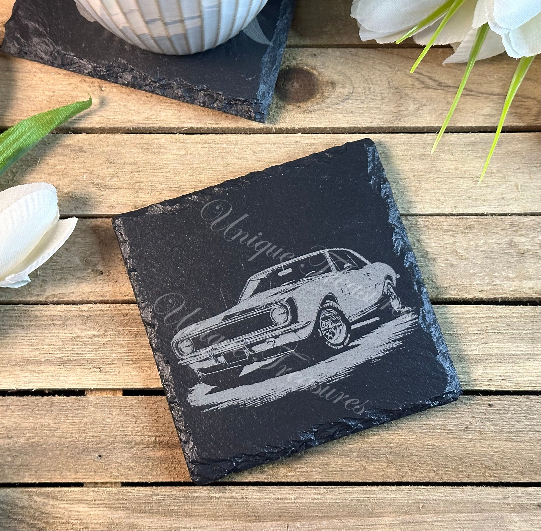 Laser Engraved Slate Coasters: Classic Vintage Muscle Car Art, Set of 4 ...