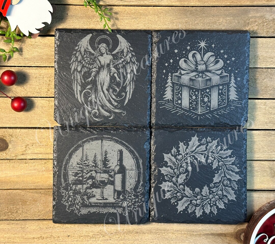 Laser Engraved Slate Coasters, Angel, Christmas Window, Wine, Gift ...