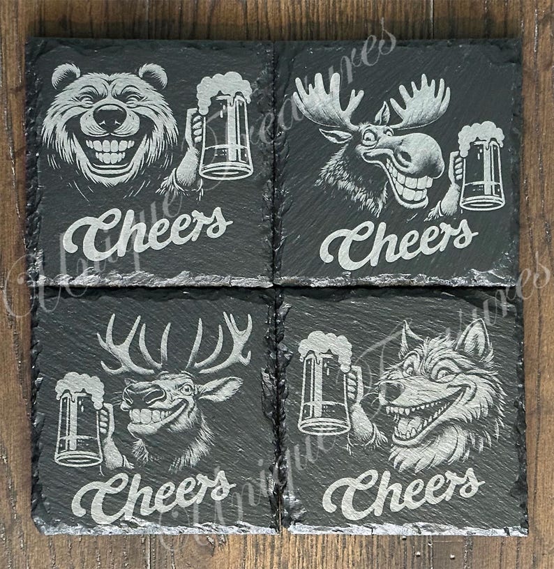 Laser Engraved Slate Coasters: Bear, Moose, Wolf, Elk - Man Cave Decor ...