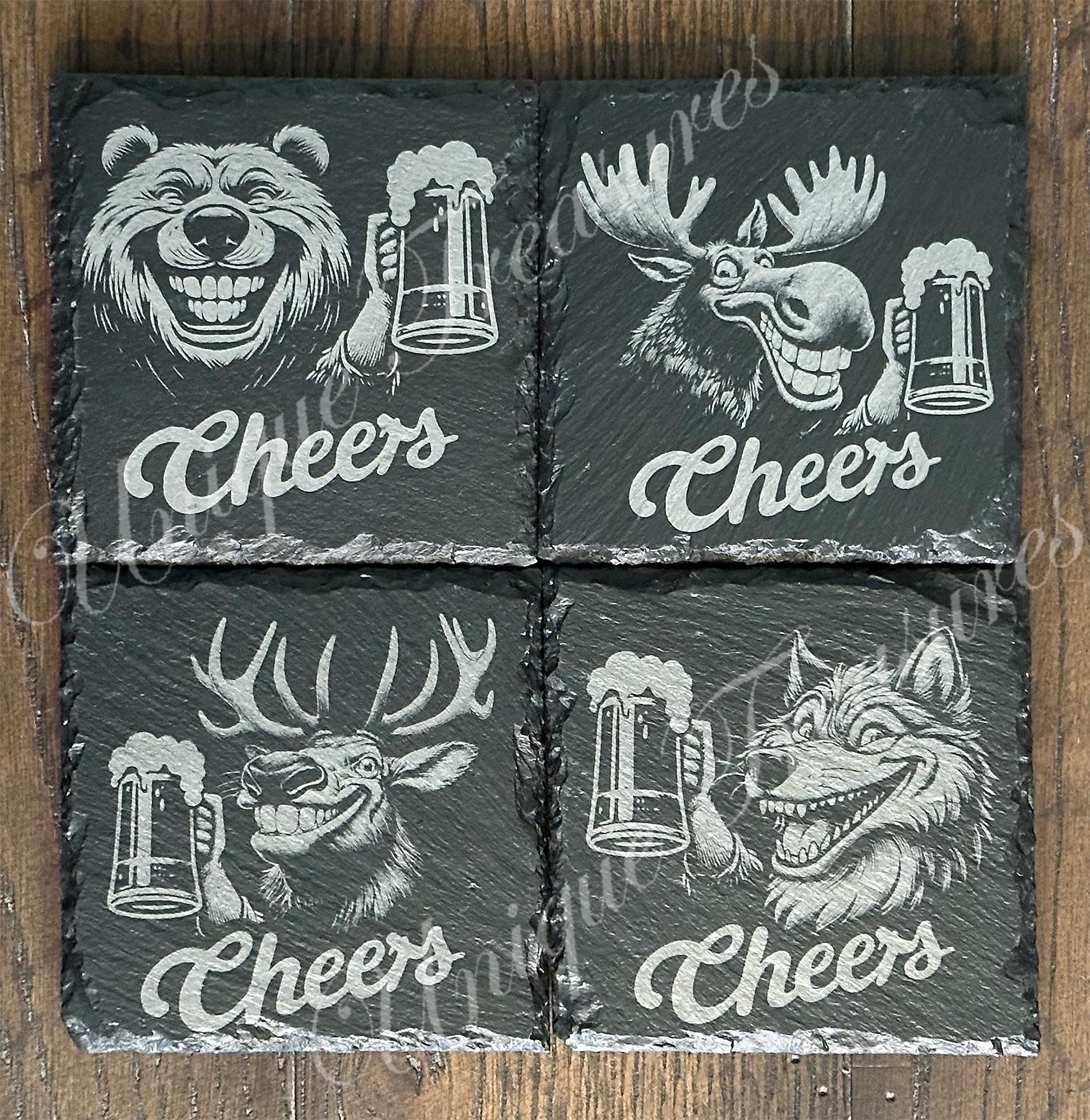Laser Engraved Slate Coasters: Bear, Moose, Wolf, Elk - Man Cave Decor ...