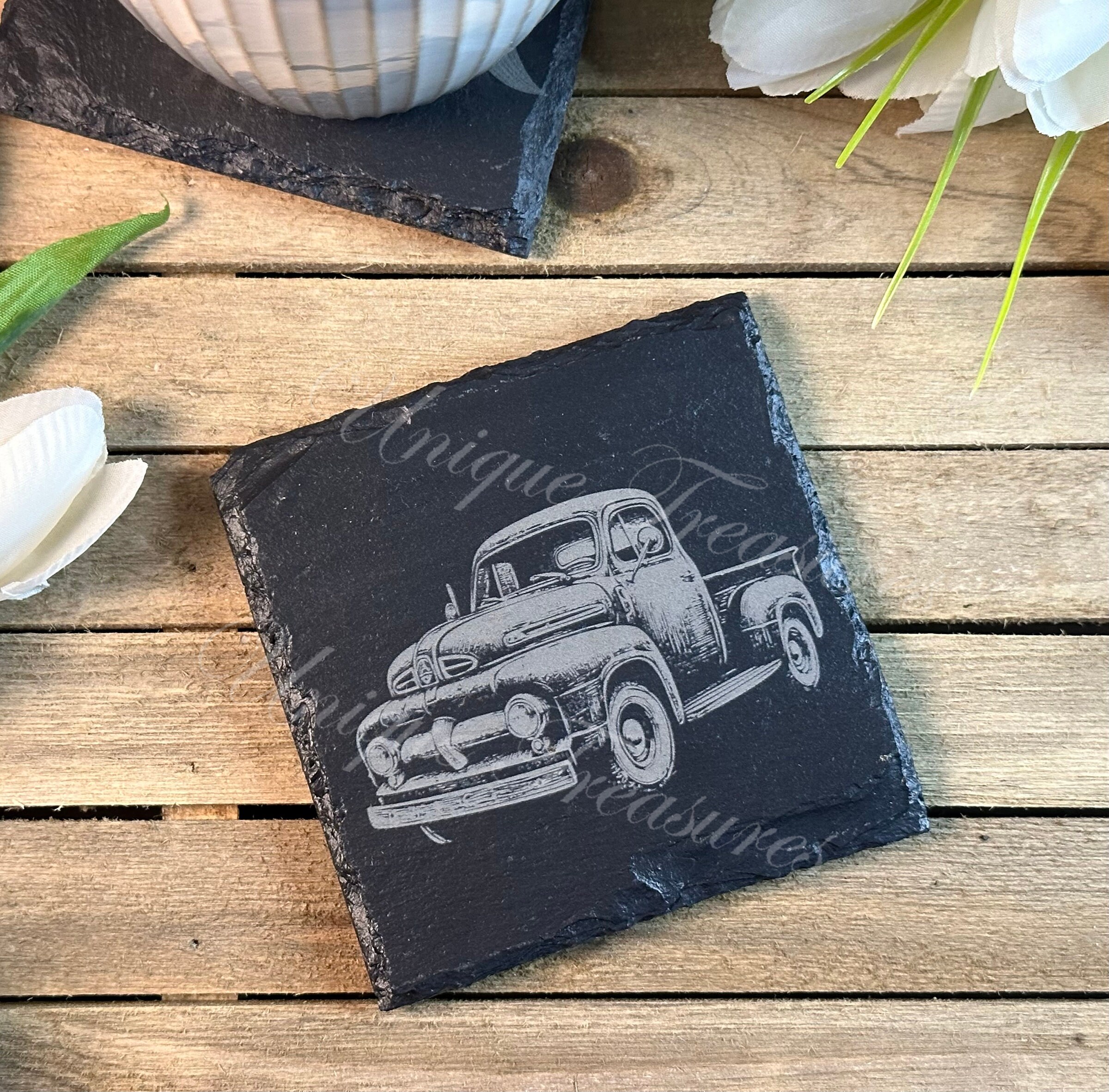 Laser Engraved Slate Coasters: Vintage Truck Art, Set of 4 - Etsy