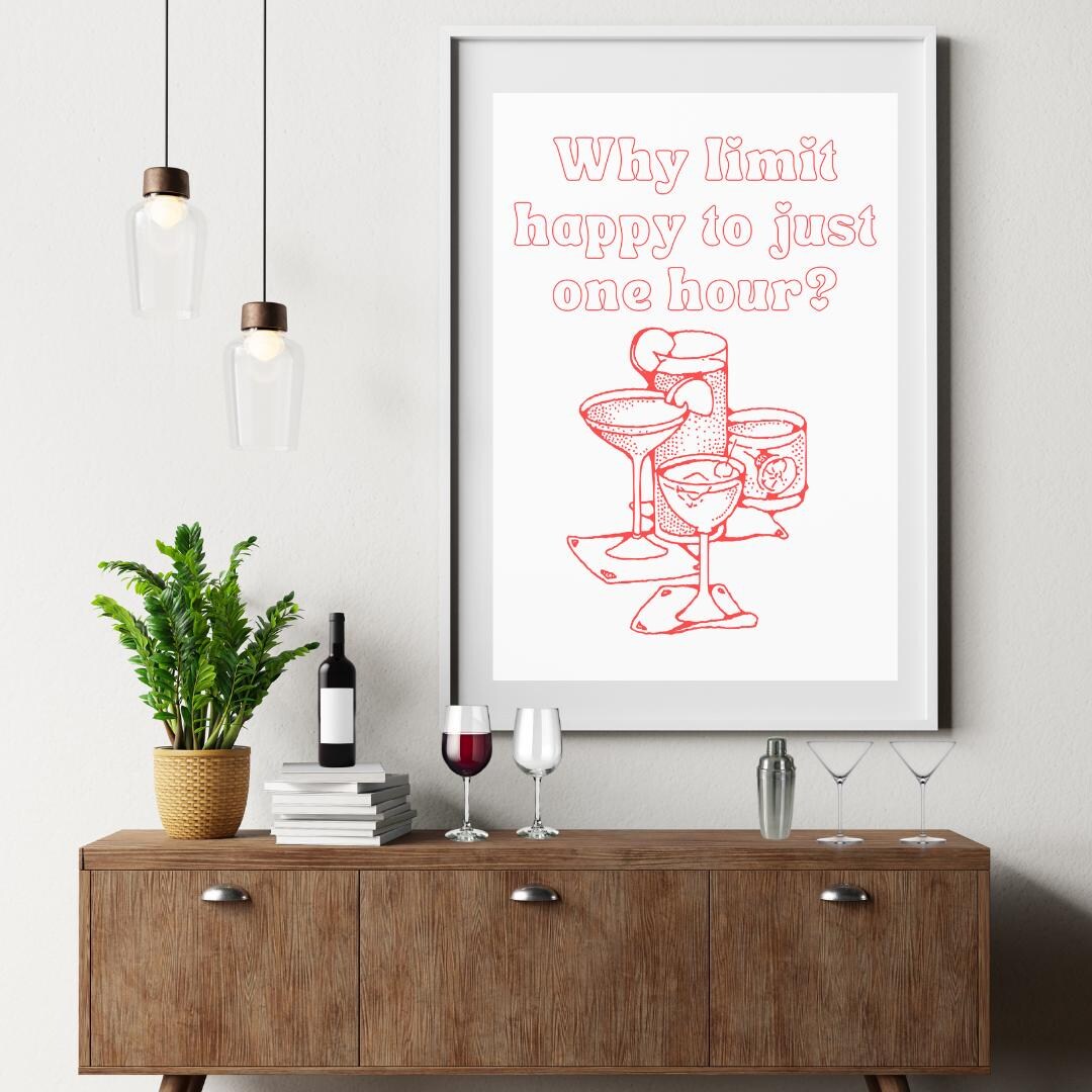 RED Happy Hour Print, Happy Hour Bar Cart Wall Art, Bar Cart Printable ...