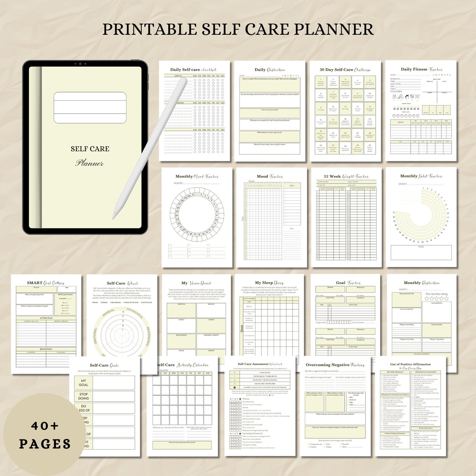 Printable Self-care Planner | Mood Tracker | Positive Affirmations, 30 ...