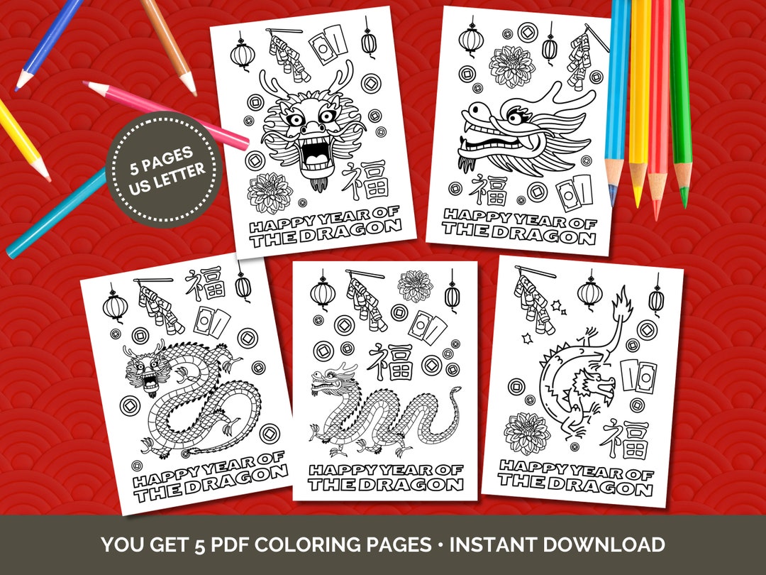 5 Lunar New Year 2024 Coloring Pages DIGITAL PRINT Chinese New Year of ...