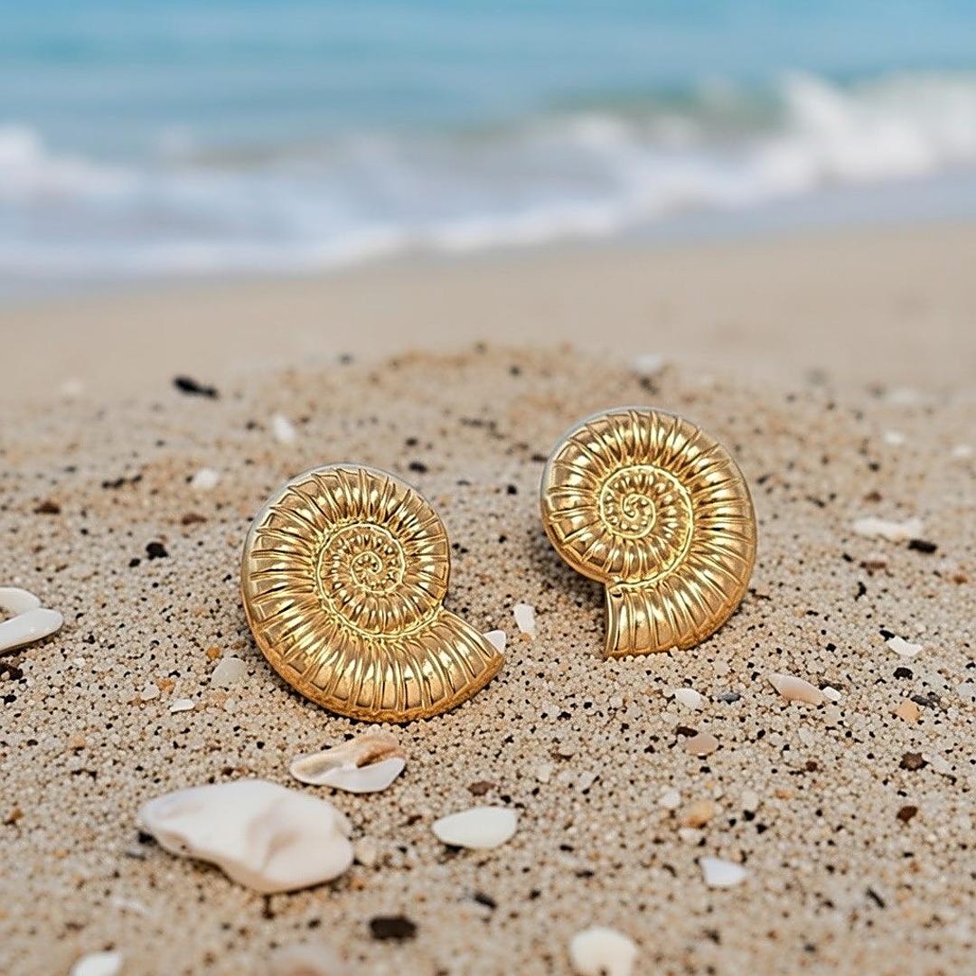 Gold Nautilus Shell Earrings, Coastal Luxury Studs, Beach Statement ...