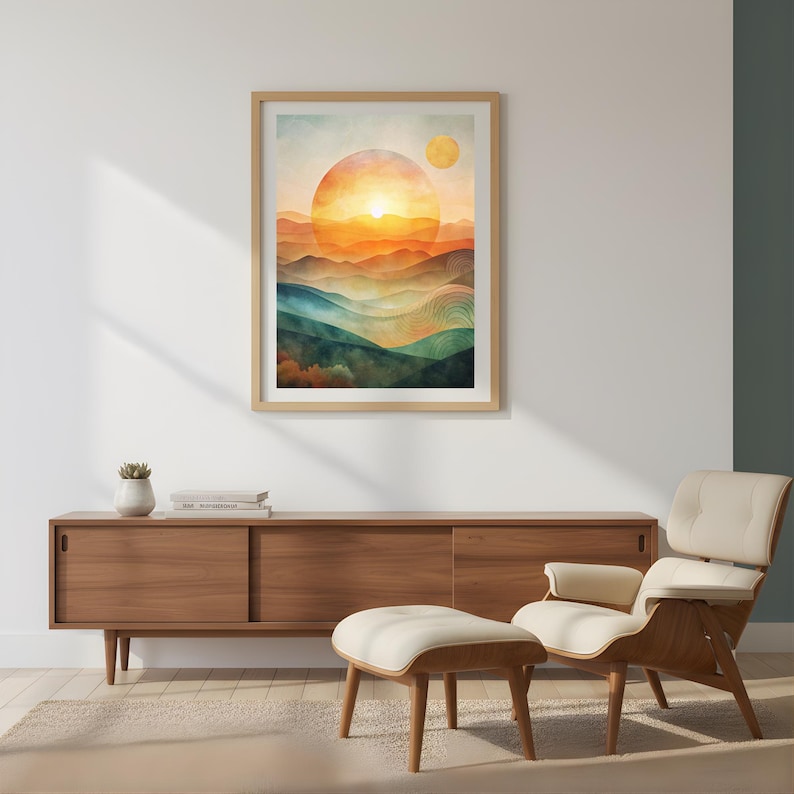 Boho Sunset Mountain Print, Abstract Landscape Wall Art, Earth Tone ...