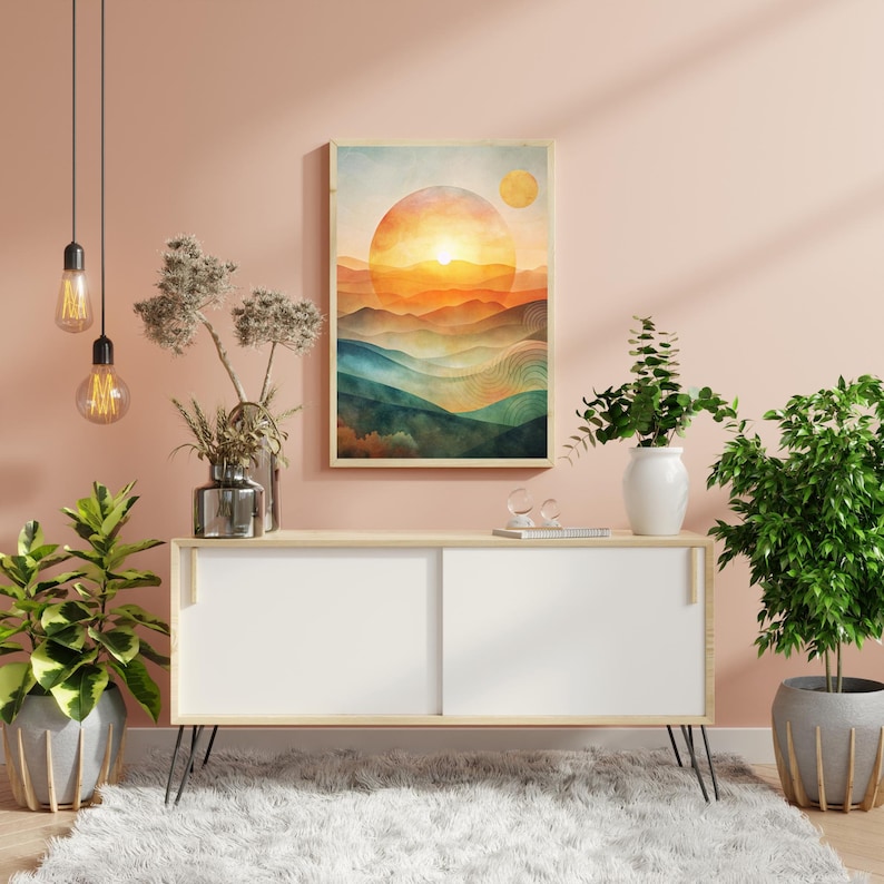 Boho Sunset Mountain Print, Abstract Landscape Wall Art, Earth Tone ...