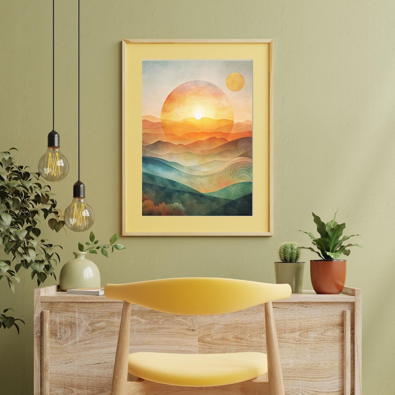 Boho Sunset Mountain Print, Abstract Landscape Wall Art, Earth Tone ...