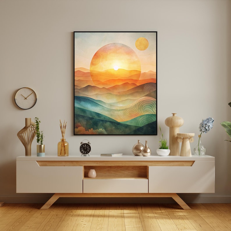 Boho Sunset Mountain Print, Abstract Landscape Wall Art, Earth Tone ...