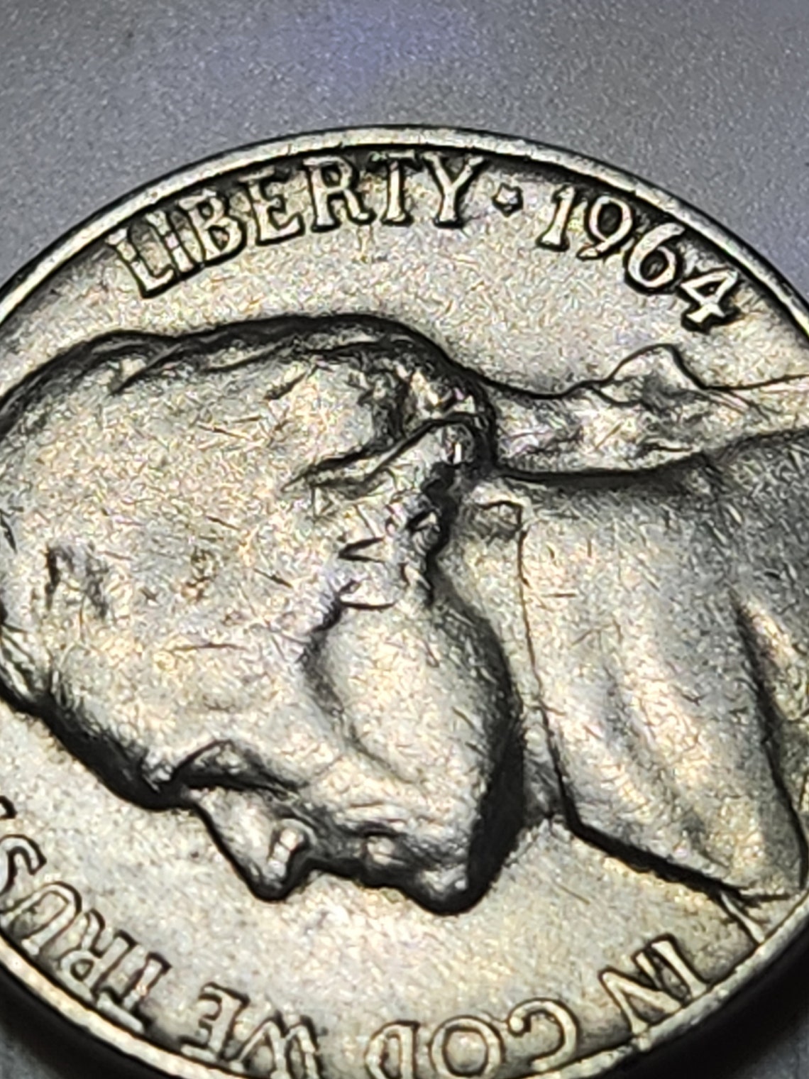 1964 Jefferson Nickel No Mint Mark. Die Chip Error on Rim on Reverse ...