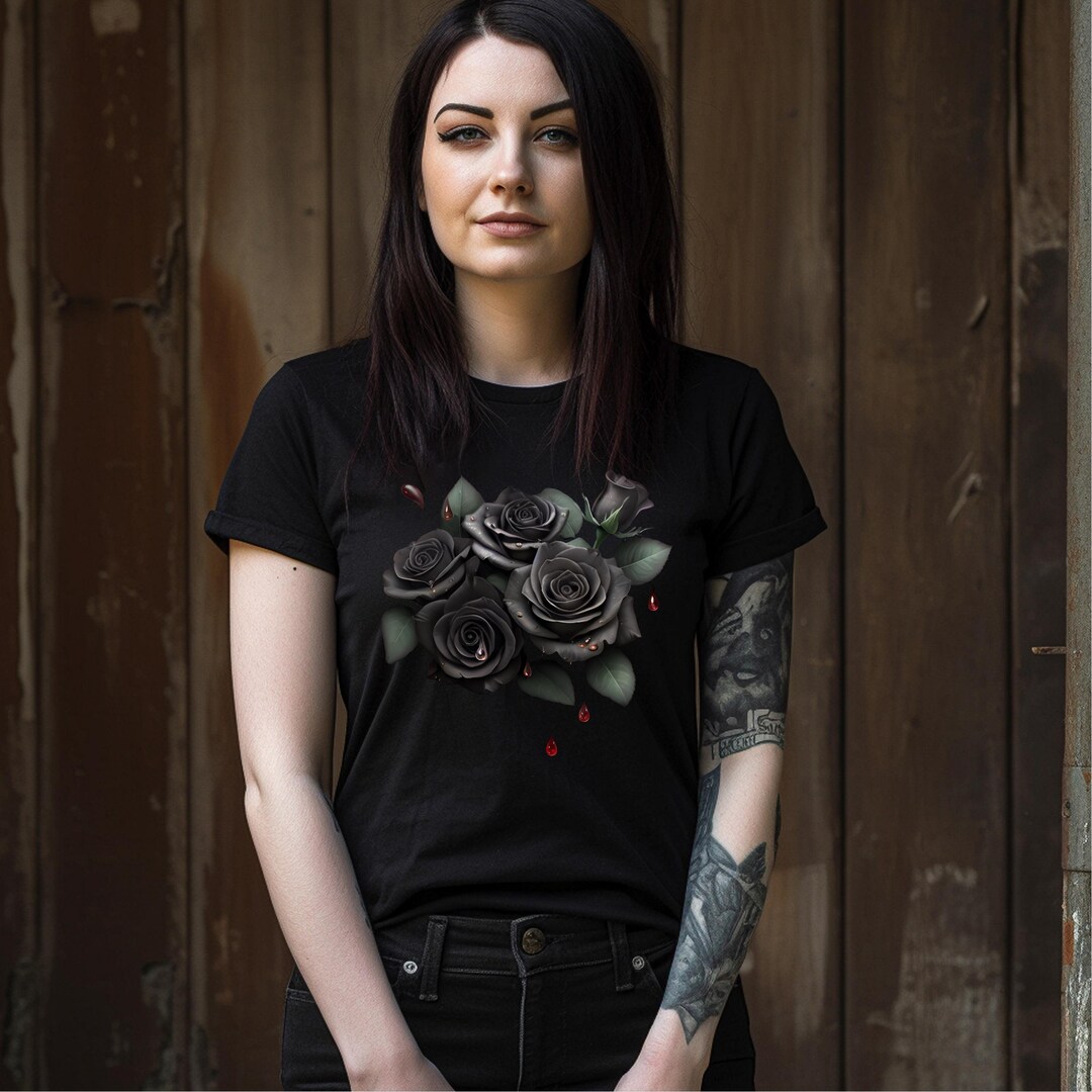 Black Rose Gothic T-shirt: Dark Floral Design With Crimson Drip - Etsy
