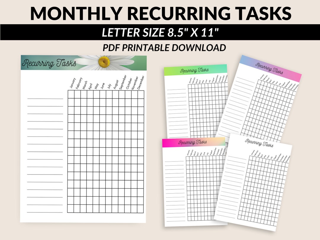 Recurring Task Checklist Letter Size 8.5x11 Printable PDF Instant ...