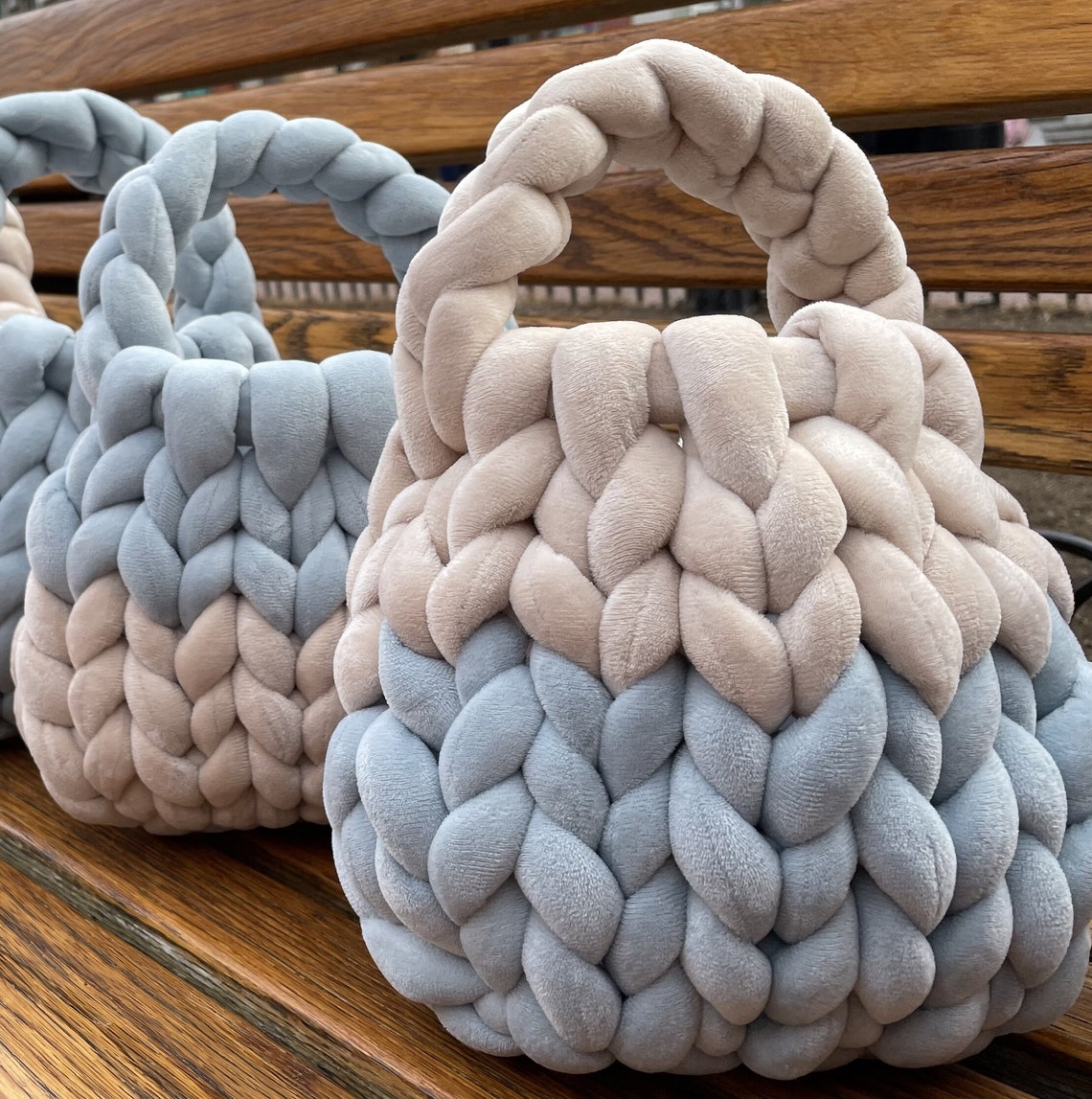 Velvet Chunky Knit Bag, Handmade Chunky Yarn Purse, Chunky Yarn Knit ...