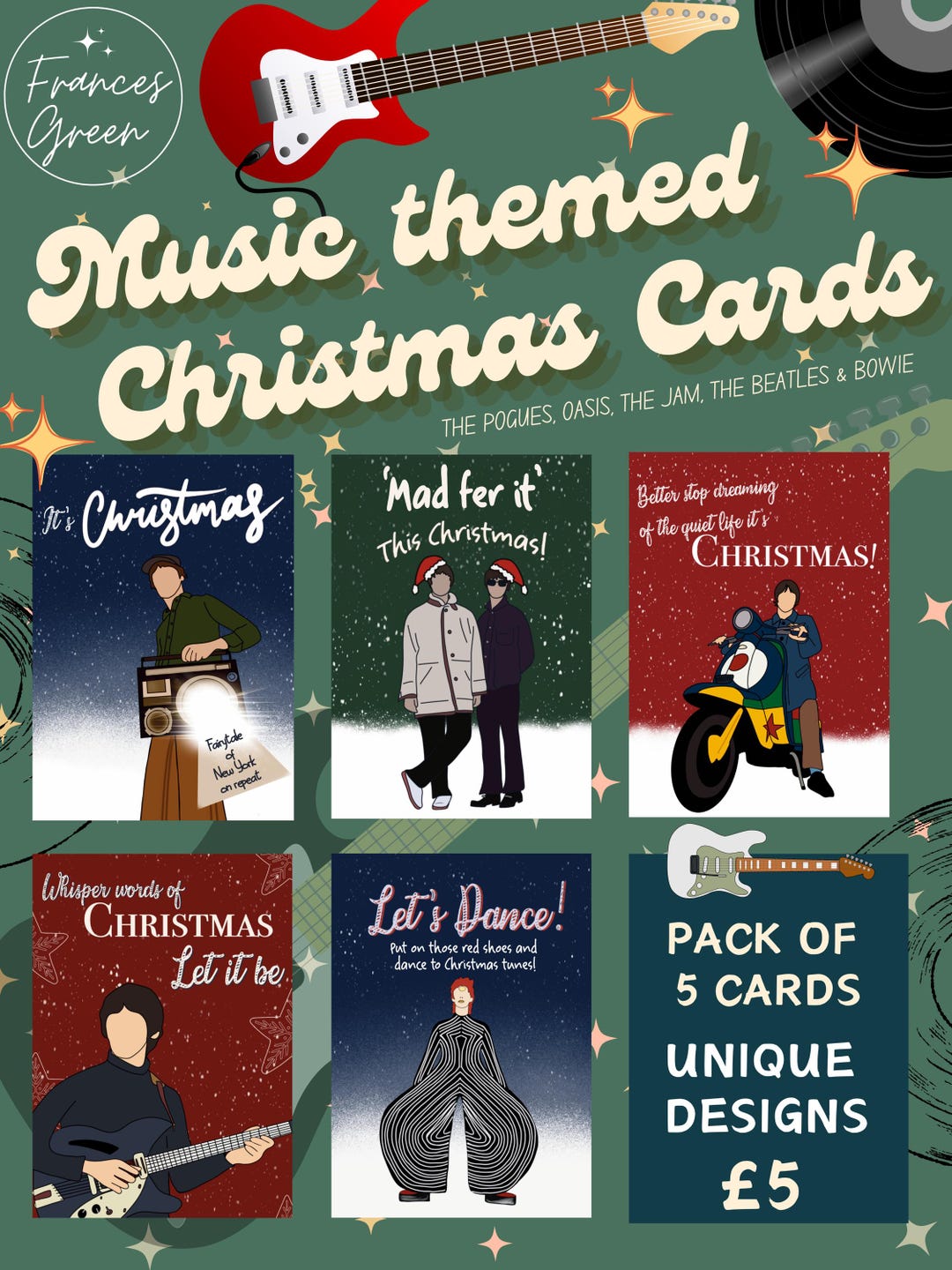 Music Themed Christmas Cards- Bowie, Oasis, the Beatles, the Jam, the ...