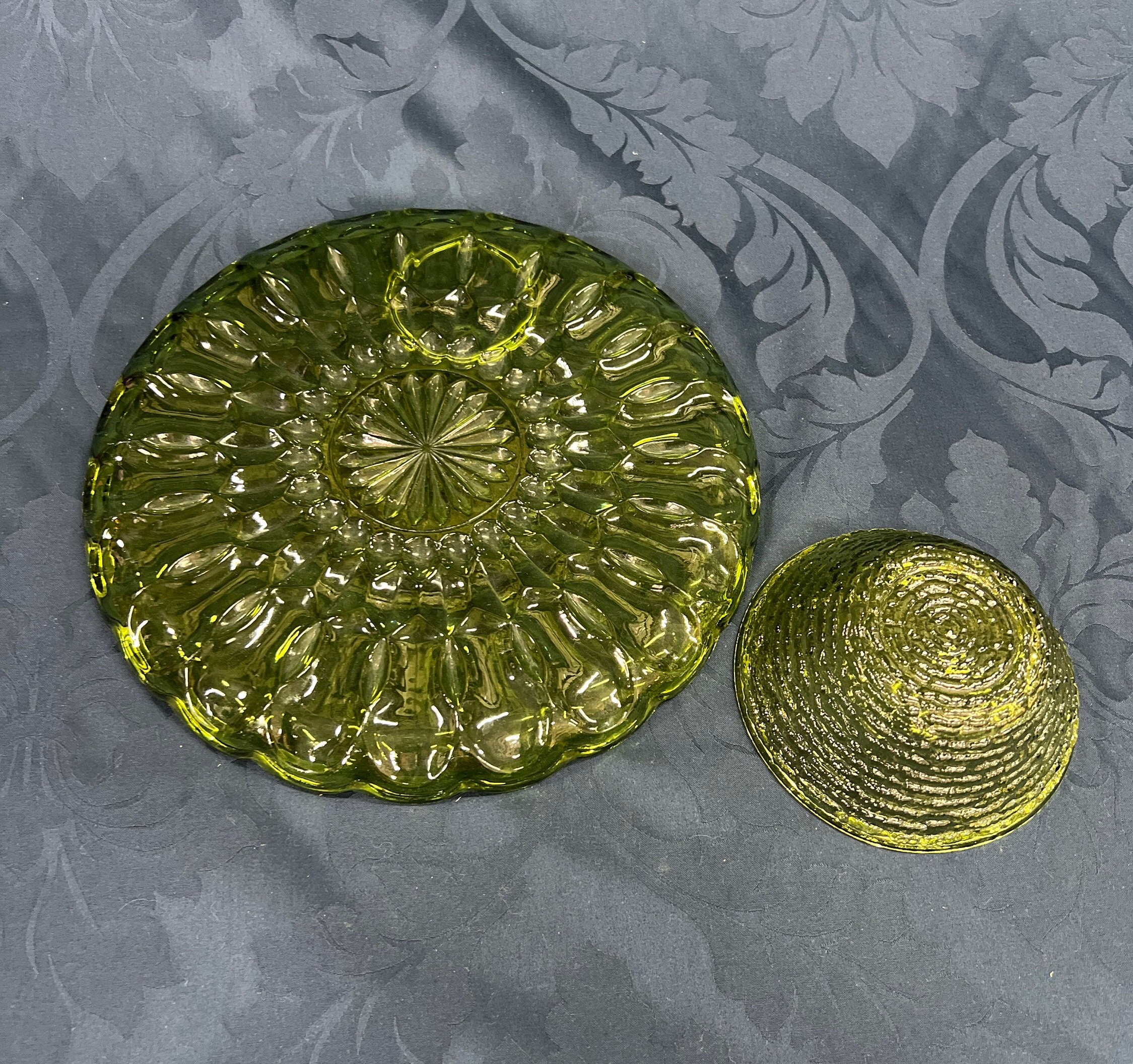 Vintage Green Glass Snack Plate With Bowl, Retro Mod Tray Kitchen Decor ...