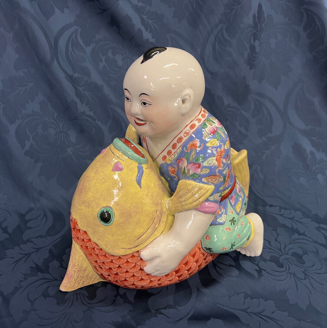 Chinese Mid Century Porcelain Statue, Asian Decor Man Riding Fish - Etsy
