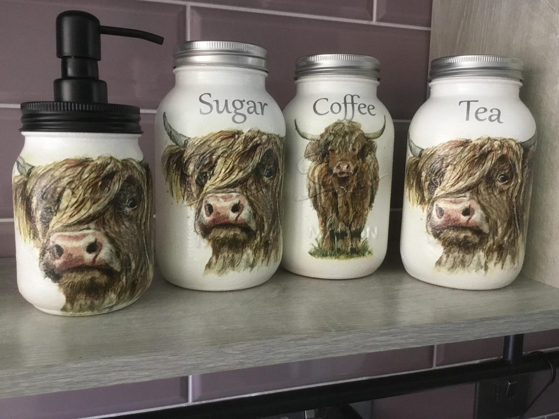 Highland Cow Kitchen Canisters, Tea, Coffee, Sugar Jars, Mason Jars ...