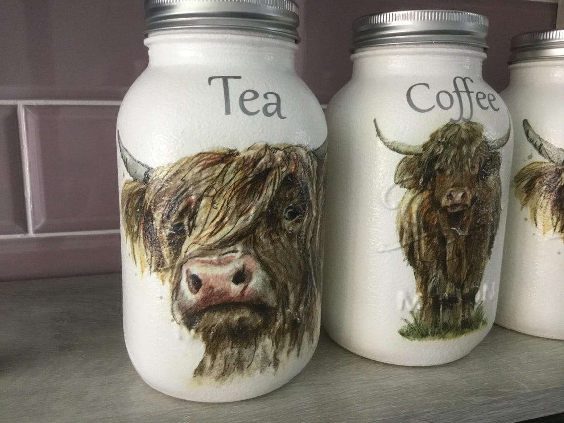 Highland Cow Kitchen Canisters, Tea, Coffee, Sugar Jars, Mason Jars ...