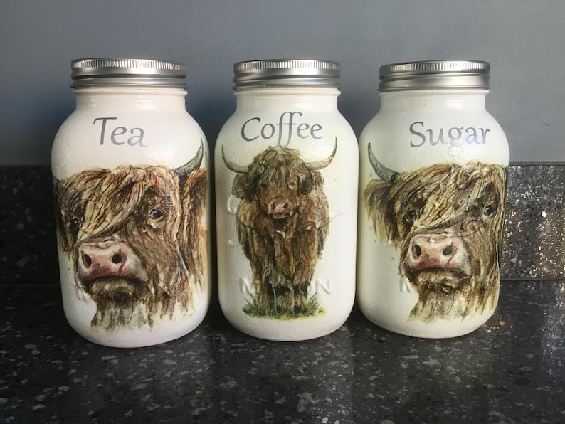 Highland Cow Kitchen Canisters, Tea, Coffee, Sugar Jars, Mason Jars ...