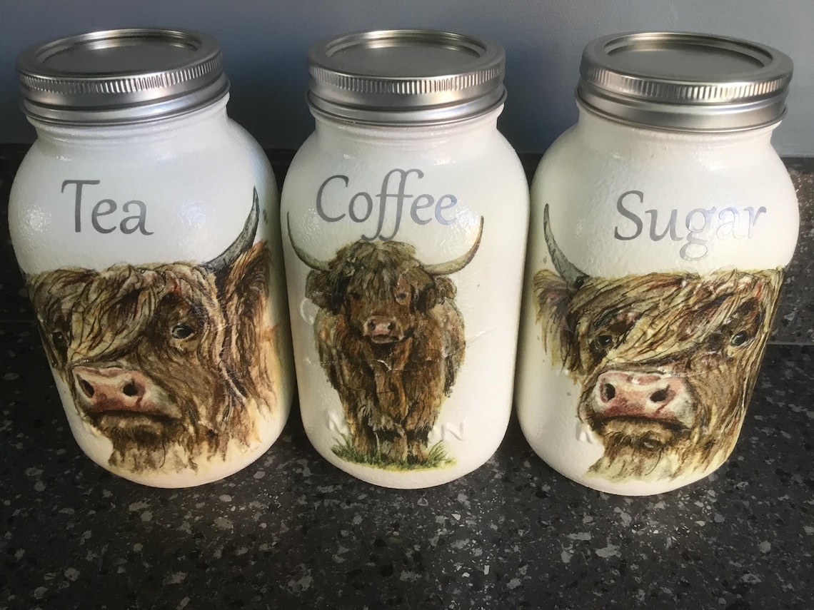 Highland Cow Kitchen Canisters, Tea, Coffee, Sugar Jars, Mason Jars ...