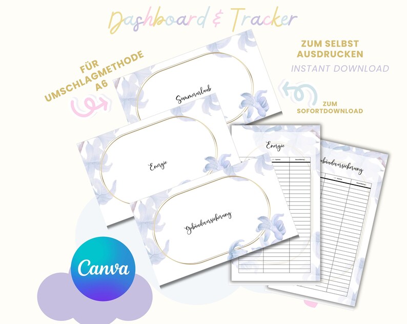 Dashboards & Trackers blue Lilies Canva Template Tracker for Envelope ...