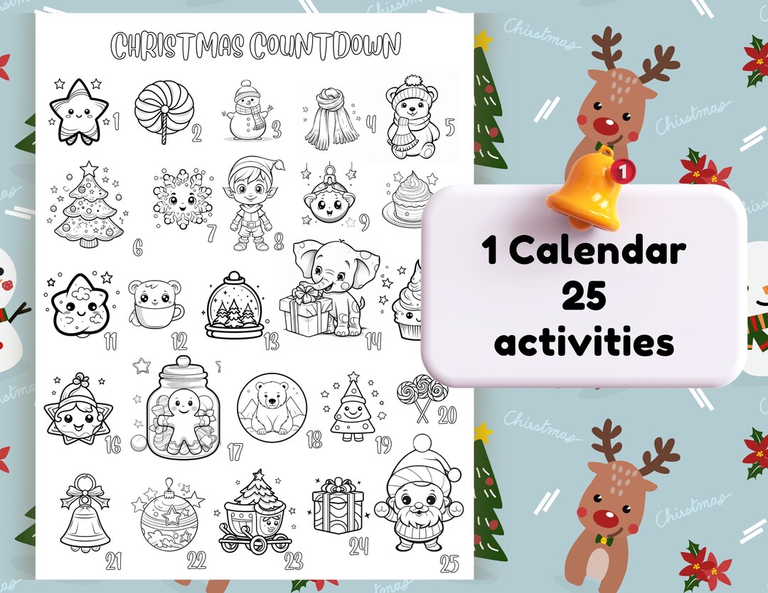 Christmas Countdown Coloring Calendar Page for Kids: 25 Festive Designs ...