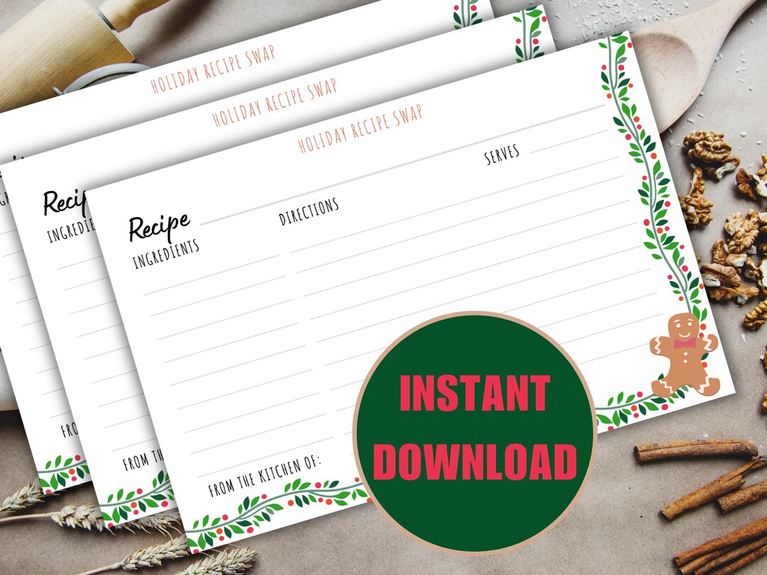 Festive Holiday Recipe Ingredient Card, Holiday Recipe Swap Card ...