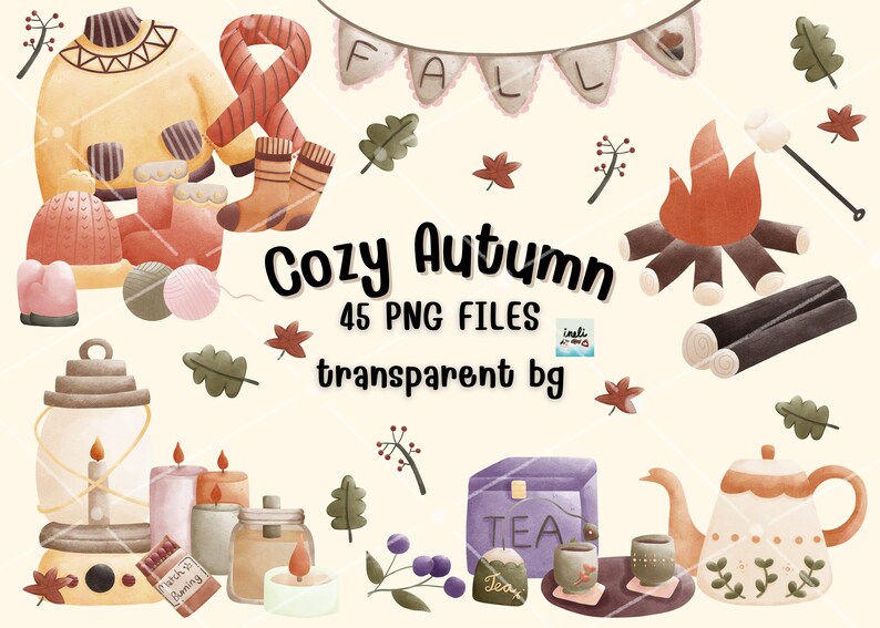 Cozy Autumn Clipart, Fall Clipart, Autumn Watercolor Clipart, Happy ...