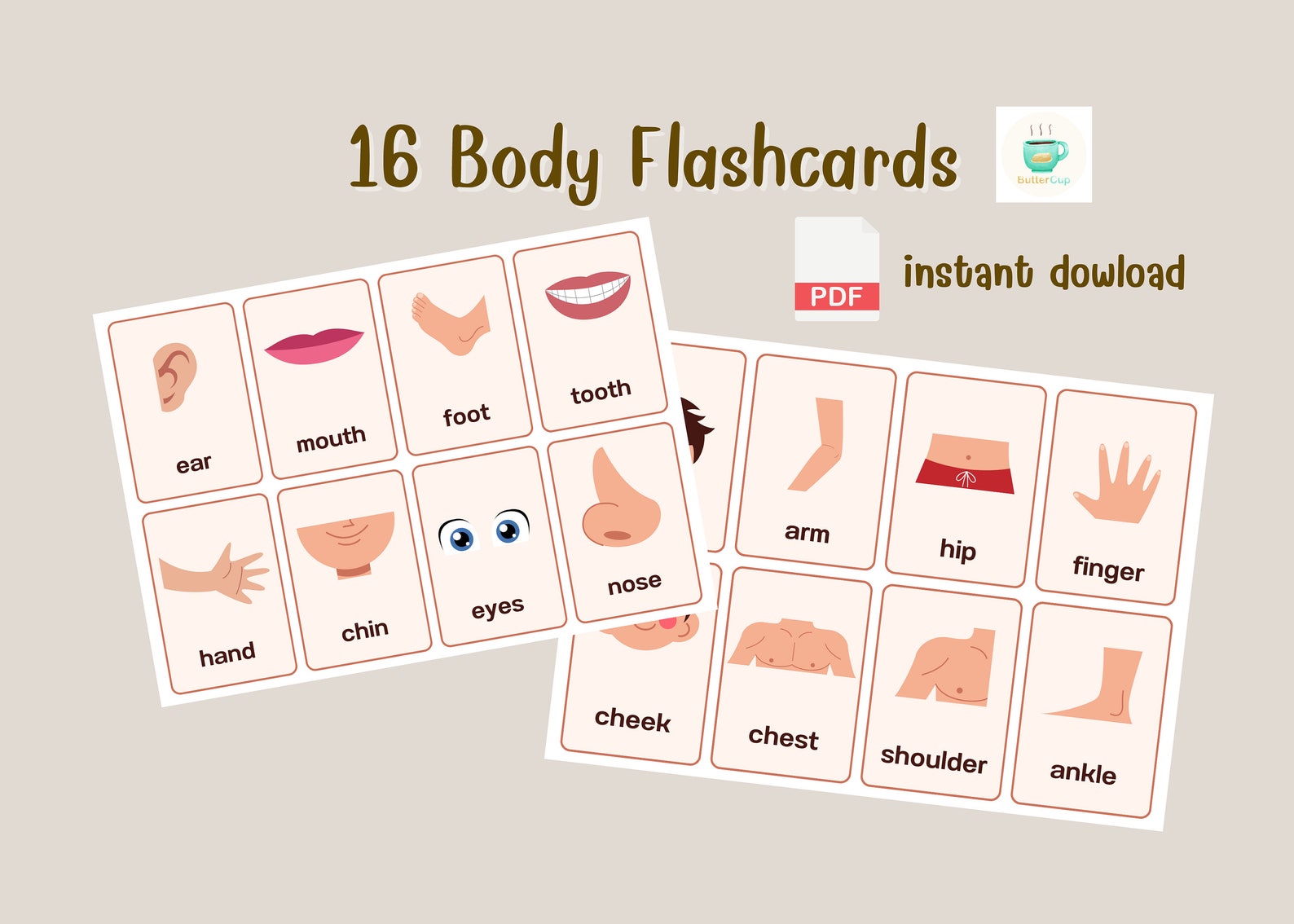 Body Part Flashcards for Kid, Flash Cards, Flashcards Printable, Pre ...