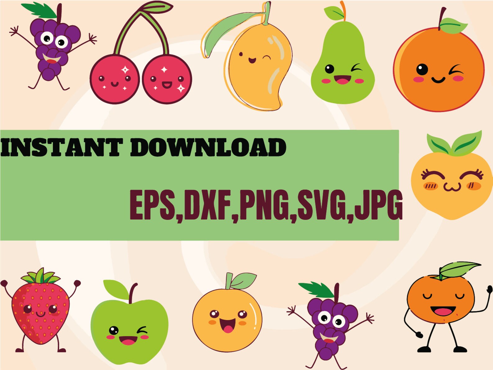 Cute Fruits SVG Clipart Kawaii Fruits PNG Bundle Vector Files Decor ...