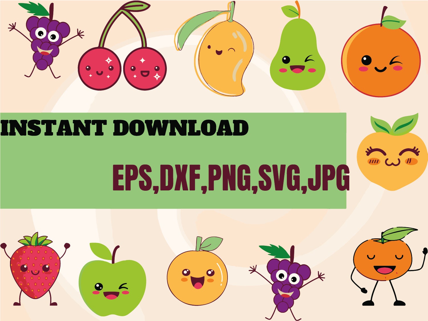 Cute Fruits SVG Clipart Kawaii Fruits PNG Bundle Vector Files Decor ...