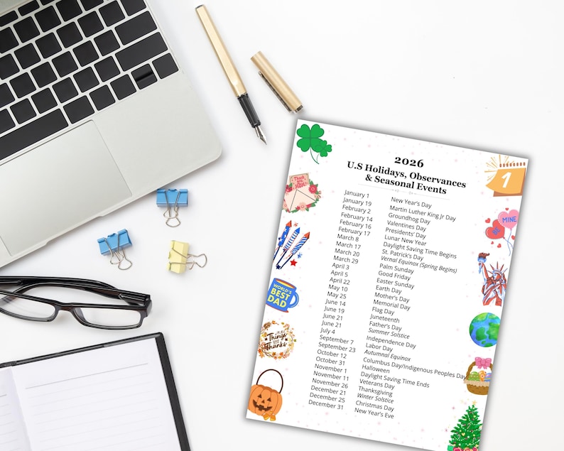 2026 Holidays List Printable One Page Calendar, Observances & Seasonal ...