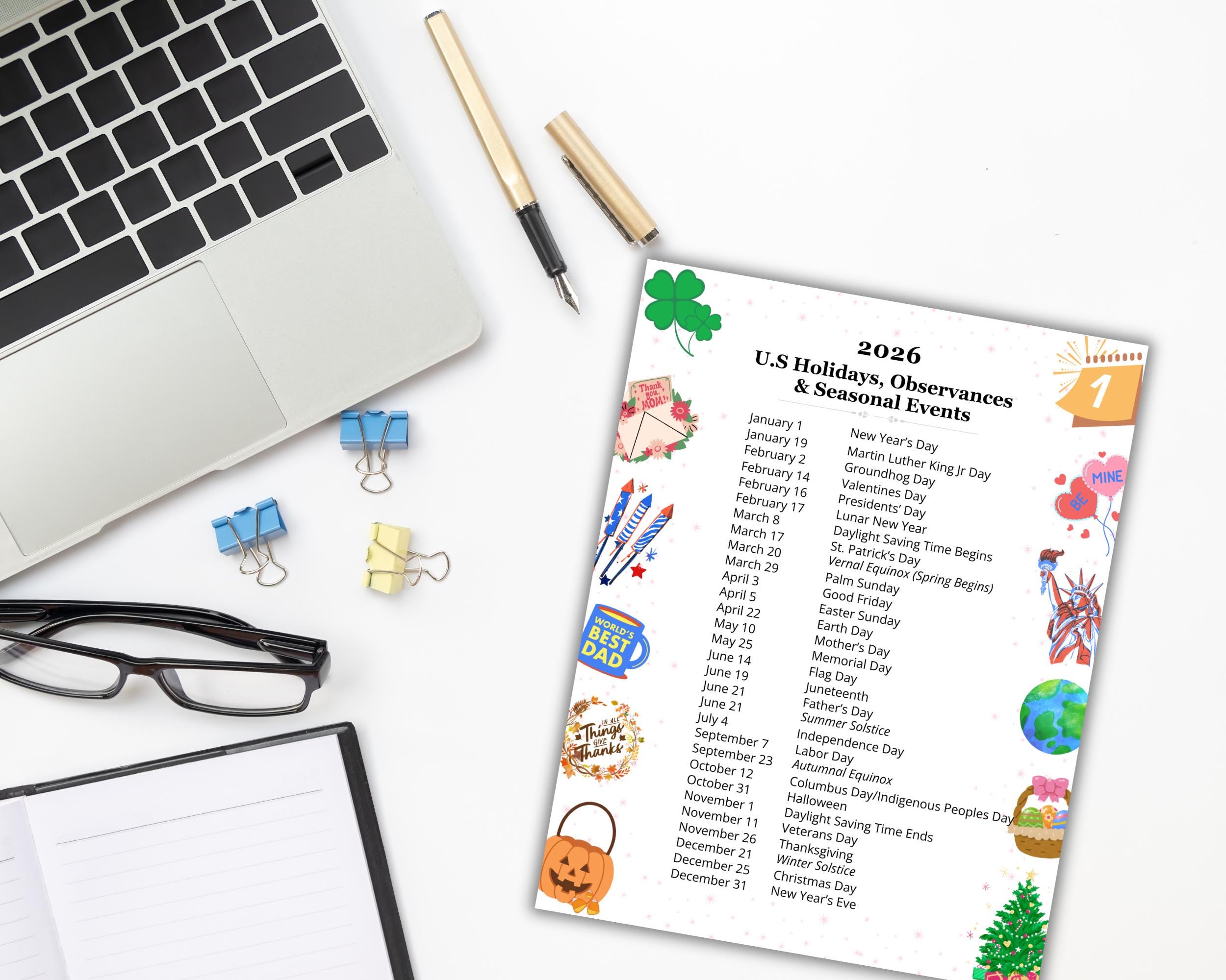 2026 Holidays List Printable One Page Calendar, Observances & Seasonal ...